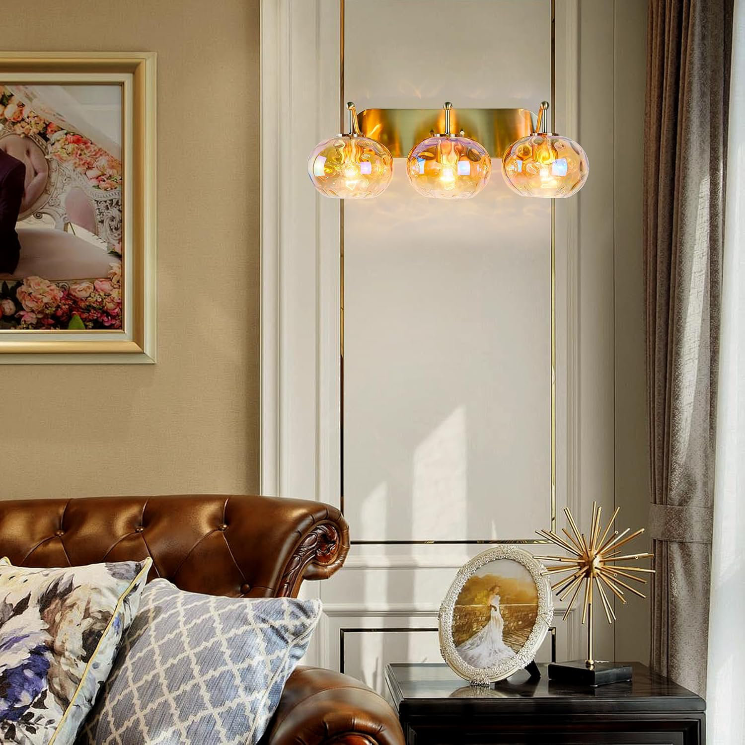 Everly Quinn 23" Brushed Gold Vanity Light With Stained Amber Hammered Glass Shade, 3-Light Wall ...